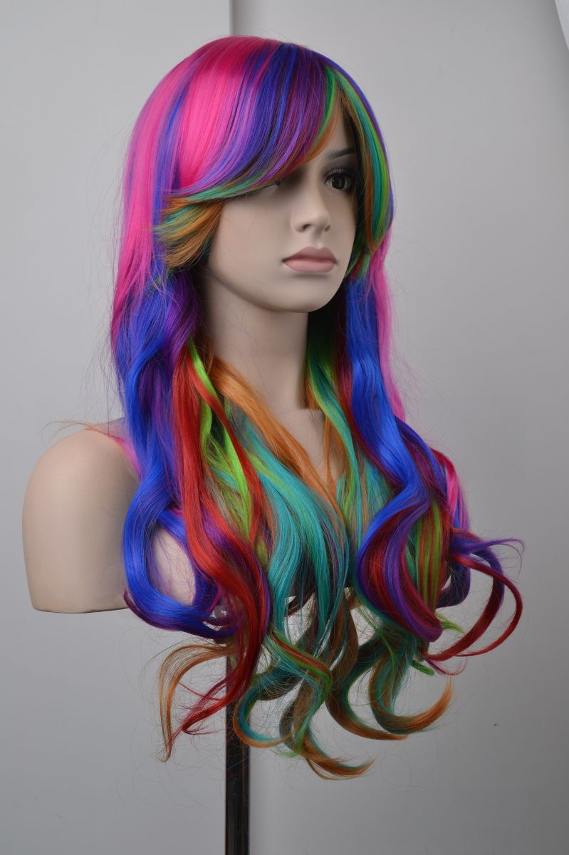 LGBT wig diagonal bangs long wavy hair wavy colorful multicolor