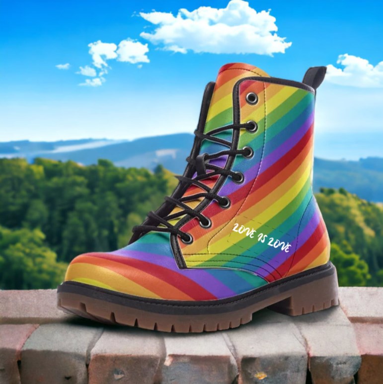 Rainbow Boots, Rainbow Stripes Vegan Leather Combat Boots, Pride Boots
